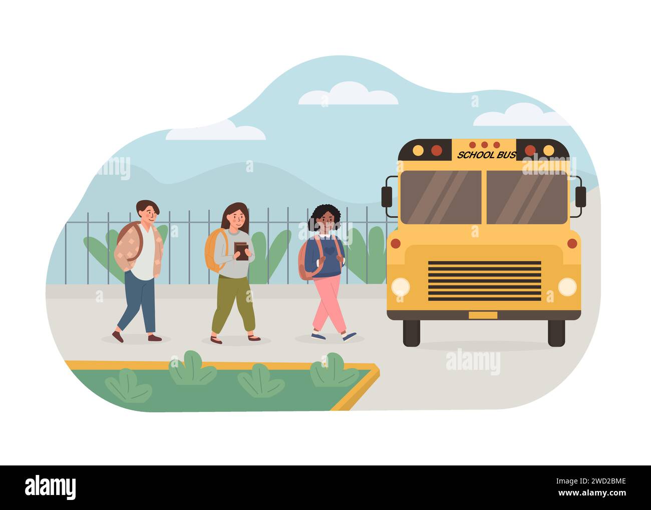 Scene of multiethnic, mix race kids picked up by yellow school bus ...