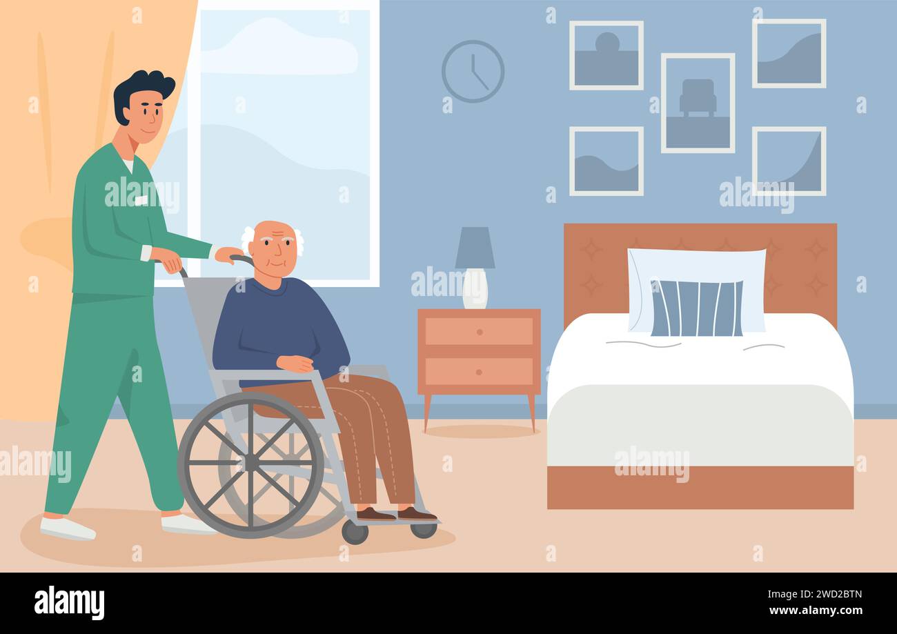 Residential care facility. A caretaker with old man on wheelchair. A bedroom in nursing home ...