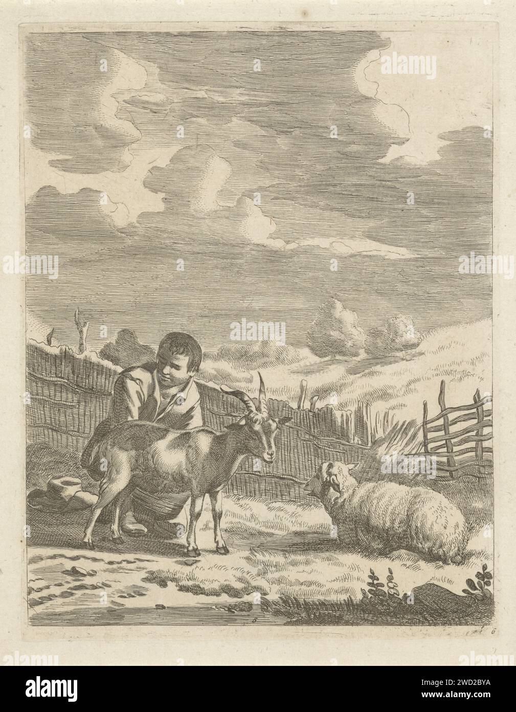 Young shepherd with a sheep and a goat, anonymous, 1643 - 1692 print ...