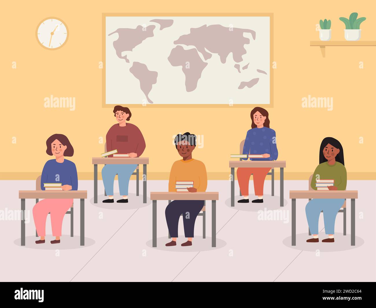 Kids sitting at their desk with books in classroom with world map and ...