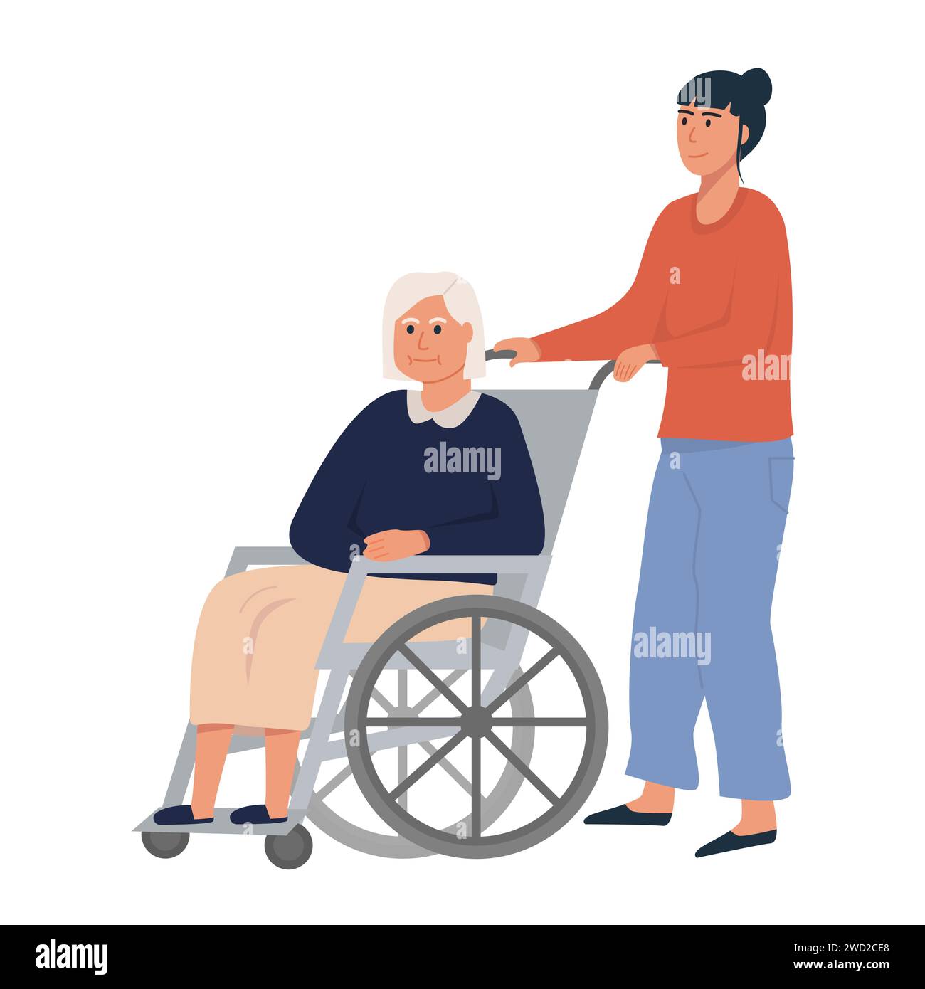 Daughter or female relative with old woman on wheelchair. Elderly senior sitting on wheelchair ...