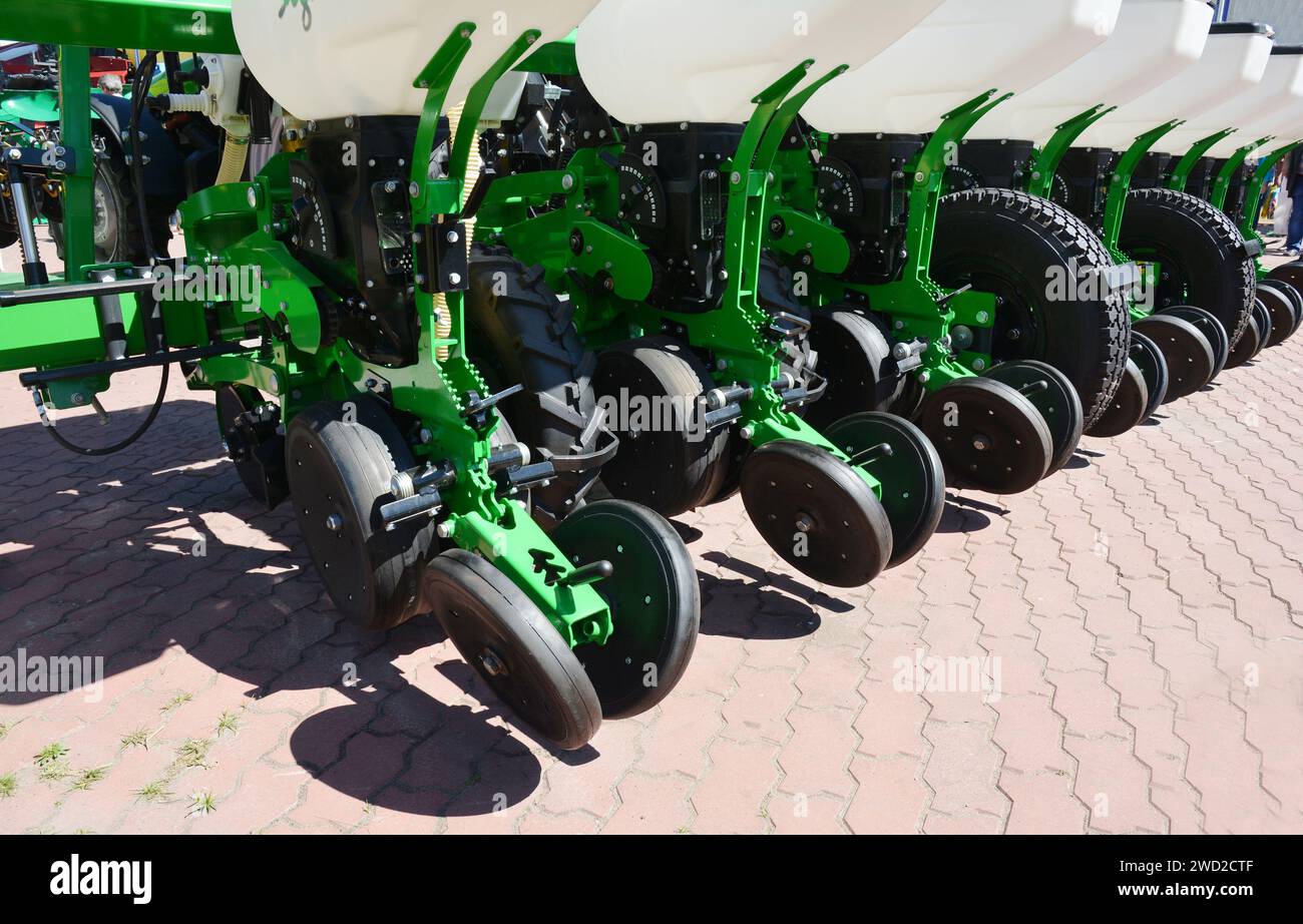 A close-up on agricultural farm machinery, sowing drill mechanical ...