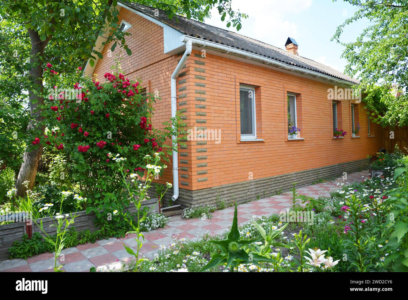 Beautiful brick house with asbestos roof, rain gutter, pathway in cozy ...