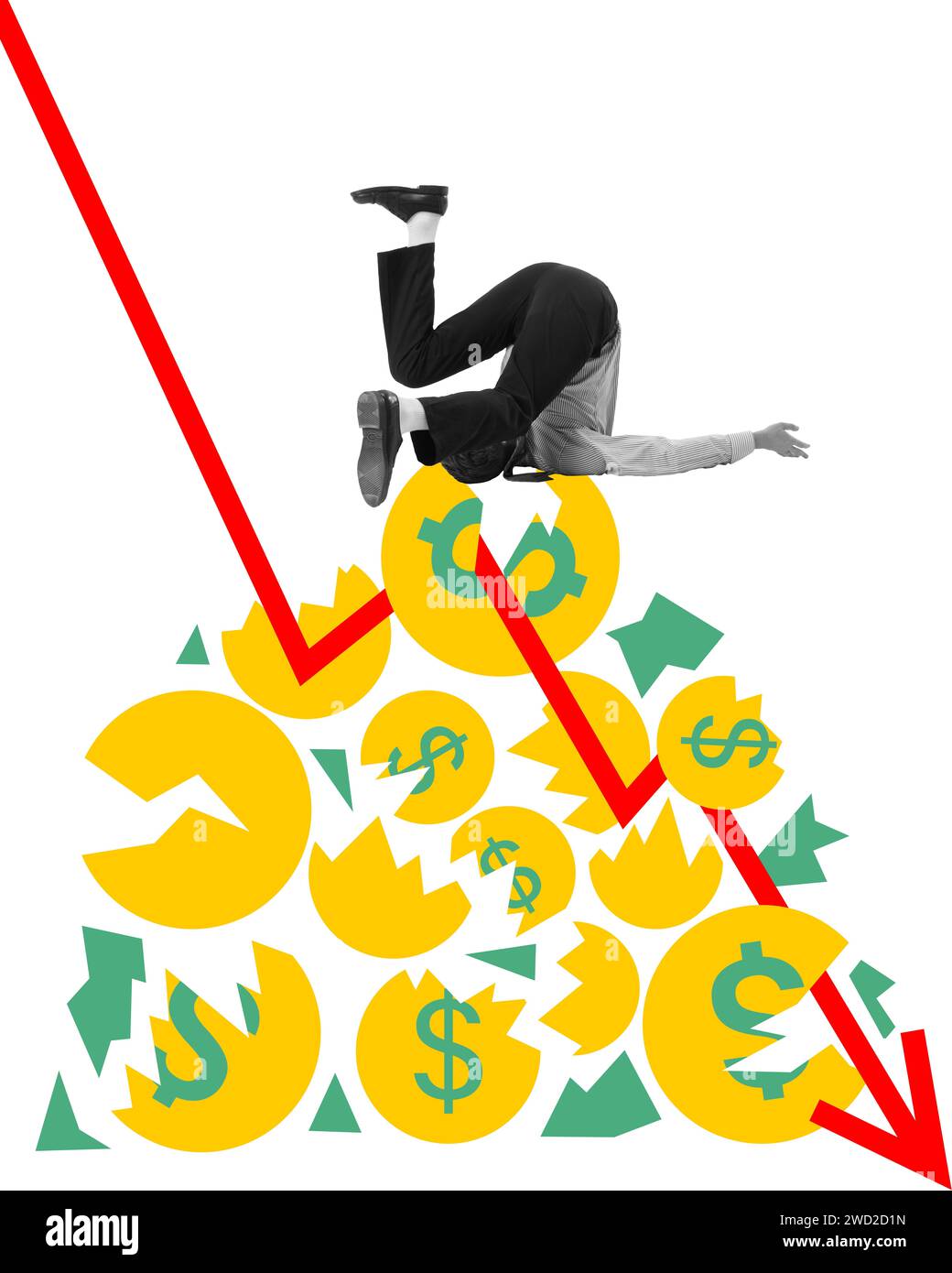 Contemporary art collage. Investment loss and recovery. Arrow breaks ...
