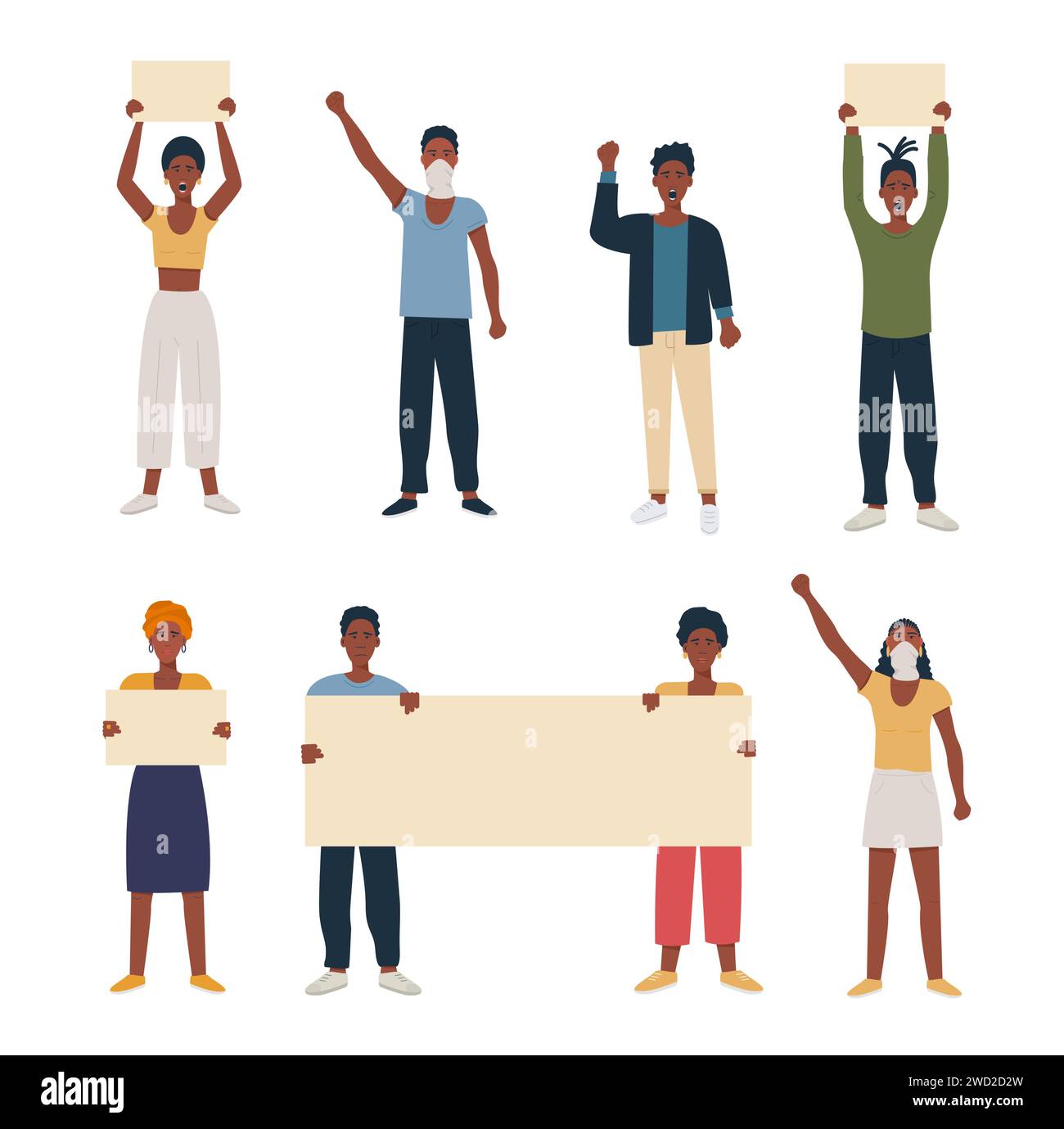 Set of black african american people protesting, manifesting, strike ...