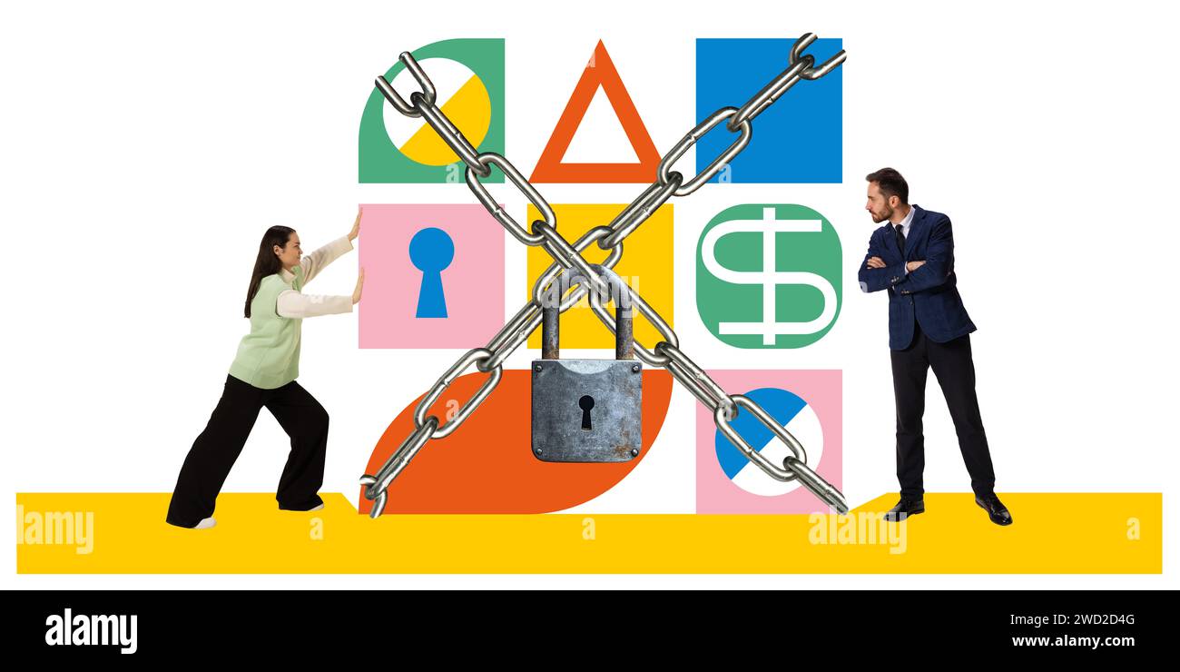 Contemporary art collage. Two professionals and a padlocked chain ...