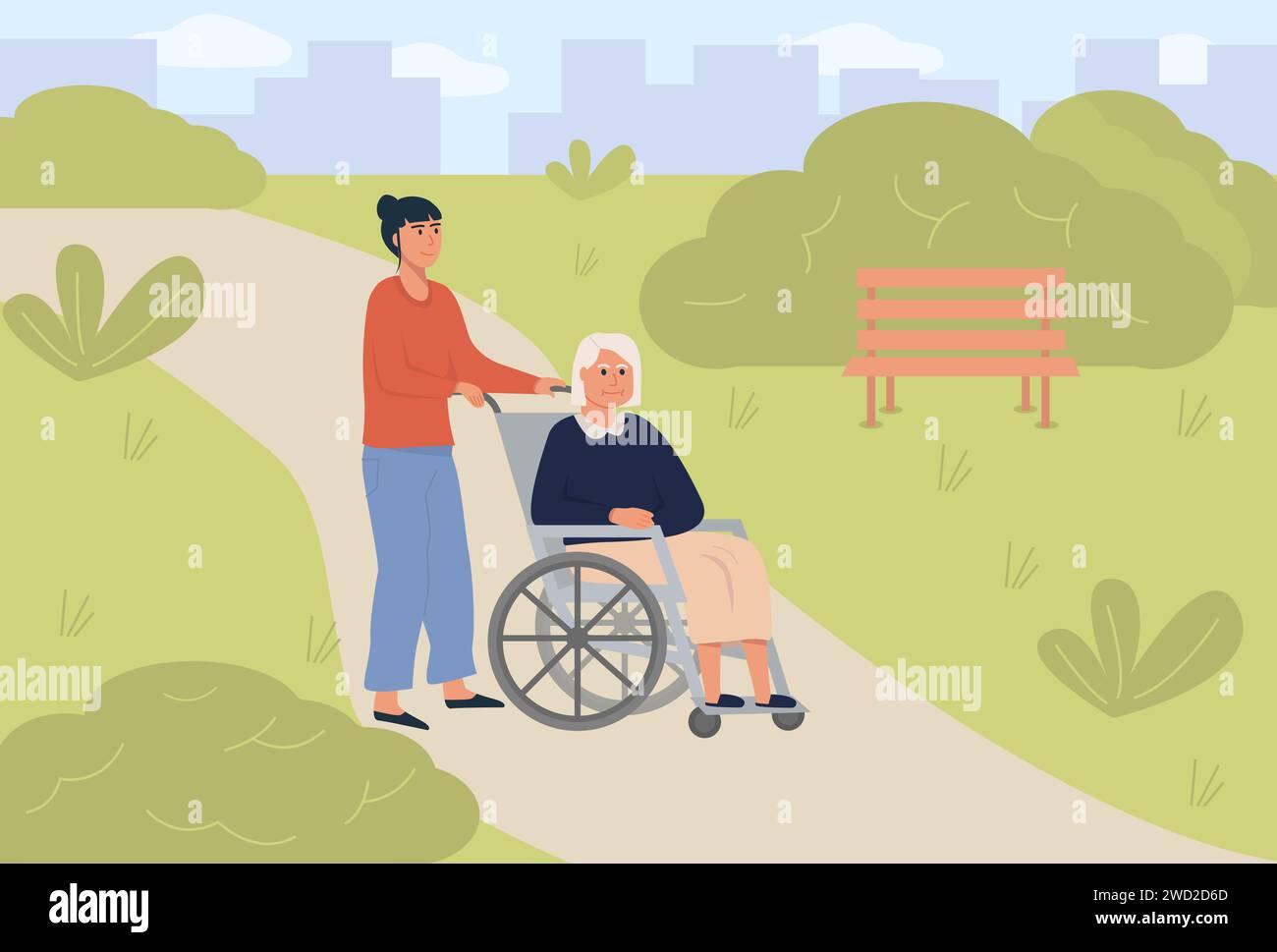 Young daughter social worker strolling with old woman on wheelchair in ...