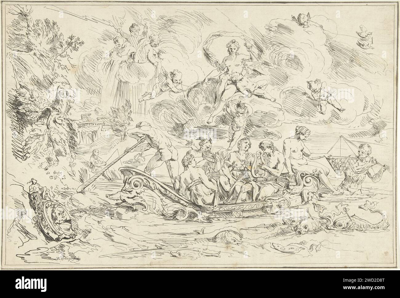 Apollo and Pan in a boat, Franz Ertinger, After Raymond de Lafage, 1652 ...