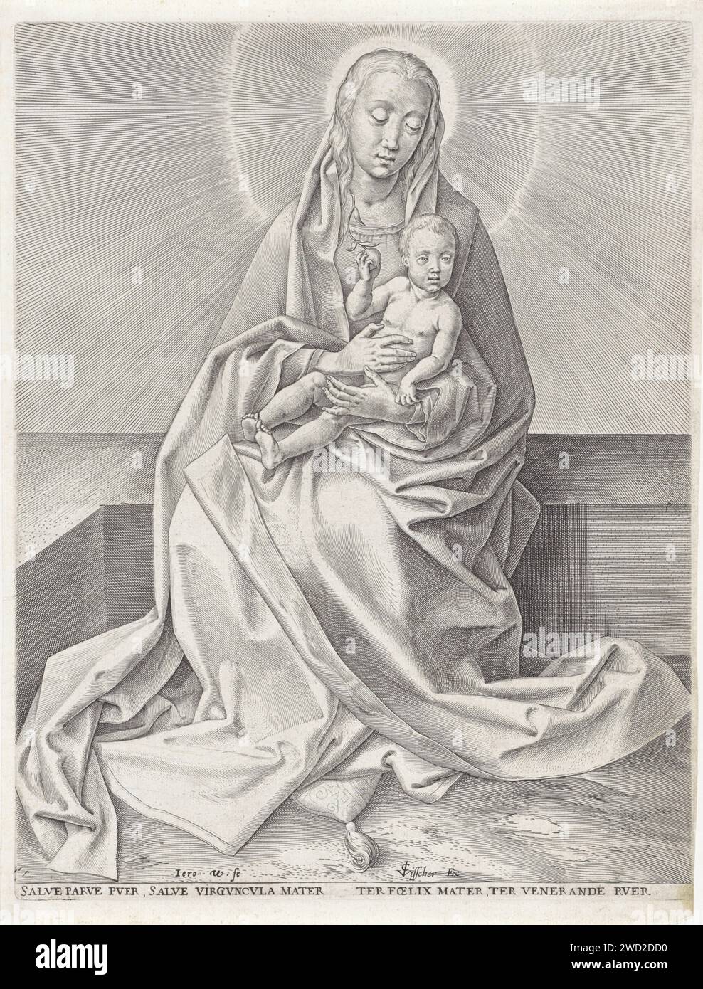 Mary with the Christ child on his lap, Hieronymus Wierix, 1563 - Before 1586 print Maria is ...