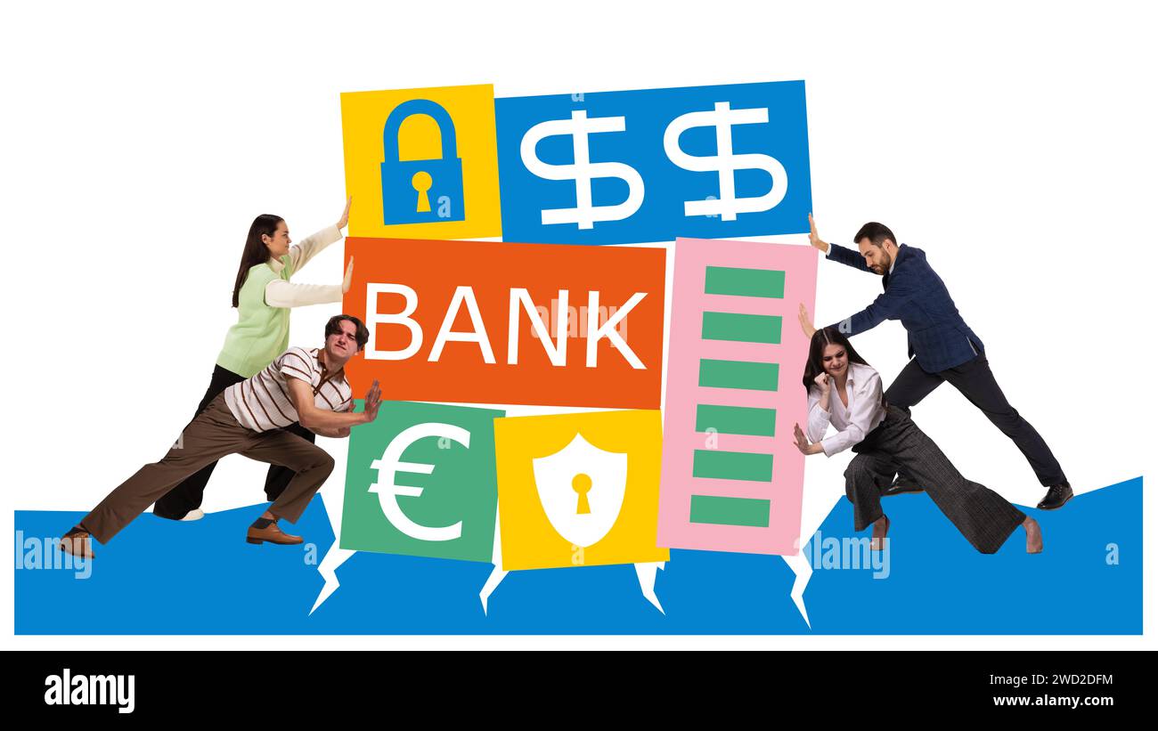 Contemporary art collage. Four professionals assembling colorful blocks ...