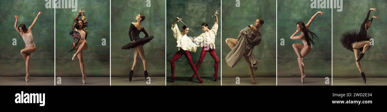 Beautiful young women, ballet dancers in different stage costumes ...