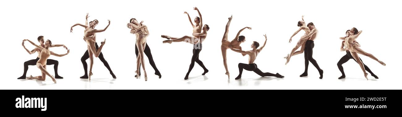 Passionate and tender play. Young man and woman, ballet dancers making artistic performance over ...