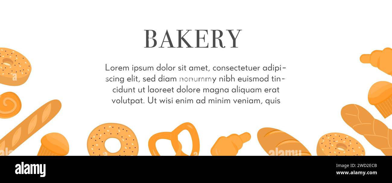 Banner template with various types of breads, delicious natural baked goods or sweet homemade ...