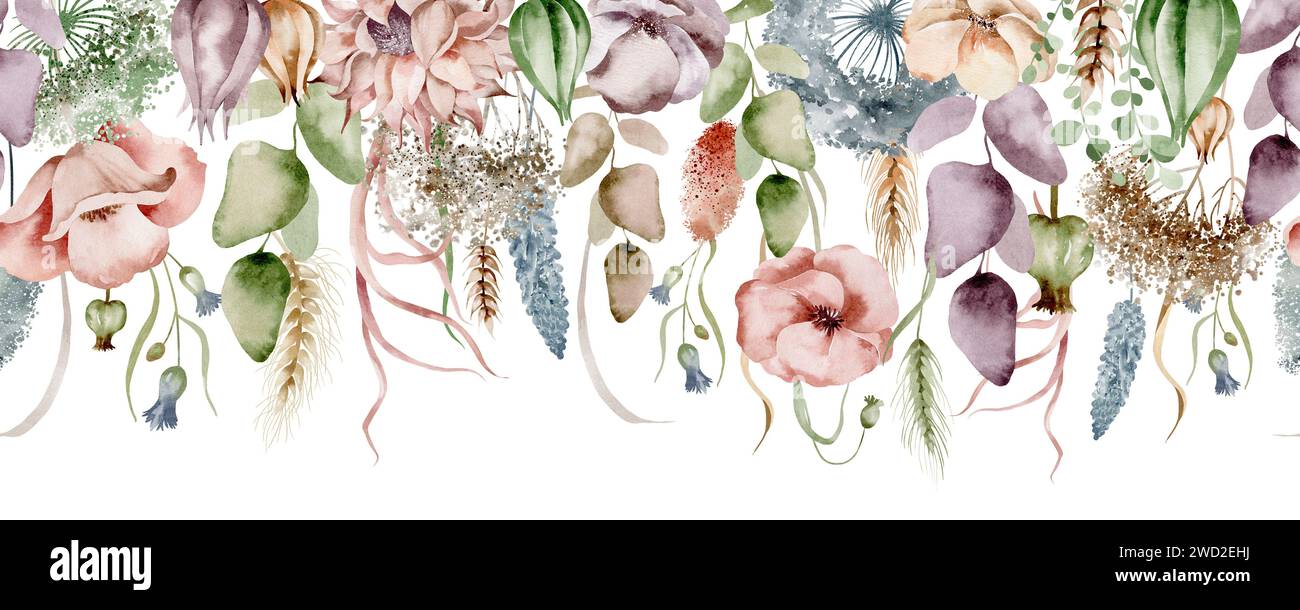Delicate and airy watercolor seamless border depicting a field of ...