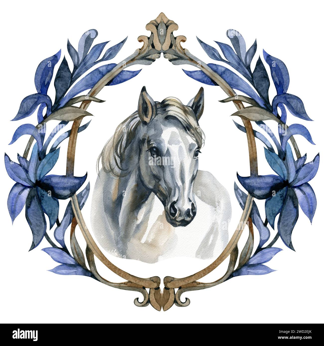 Hand-drawn graphic white horse portrait watercolor emblem on a white ...