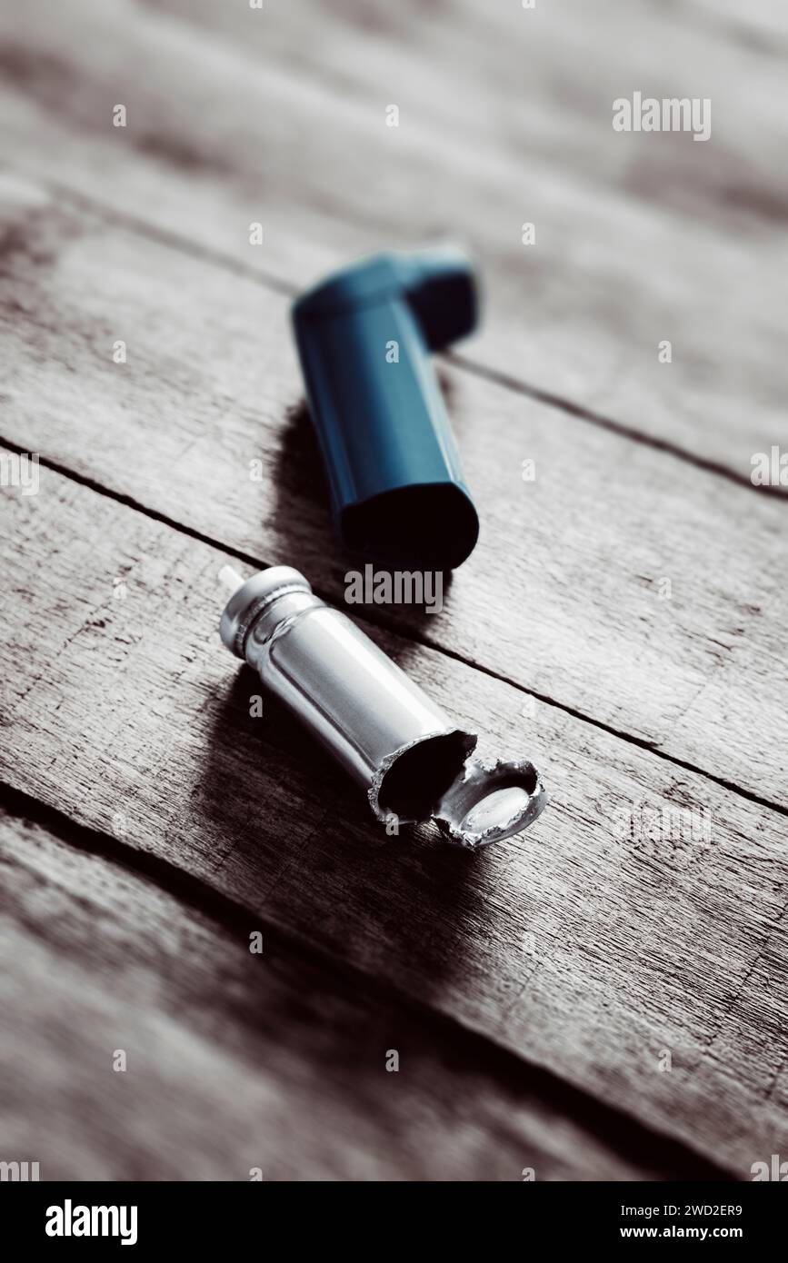 Ripped open asthma inhaler Stock Photo - Alamy