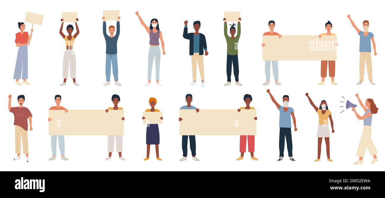Big collection of protesting multicultural people holding blank placard ...