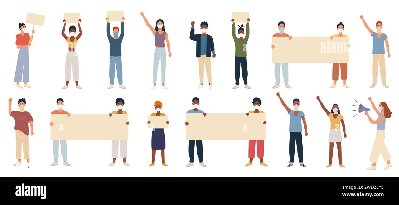 Big set of multicultural people protesting wearing respiratory mask and ...