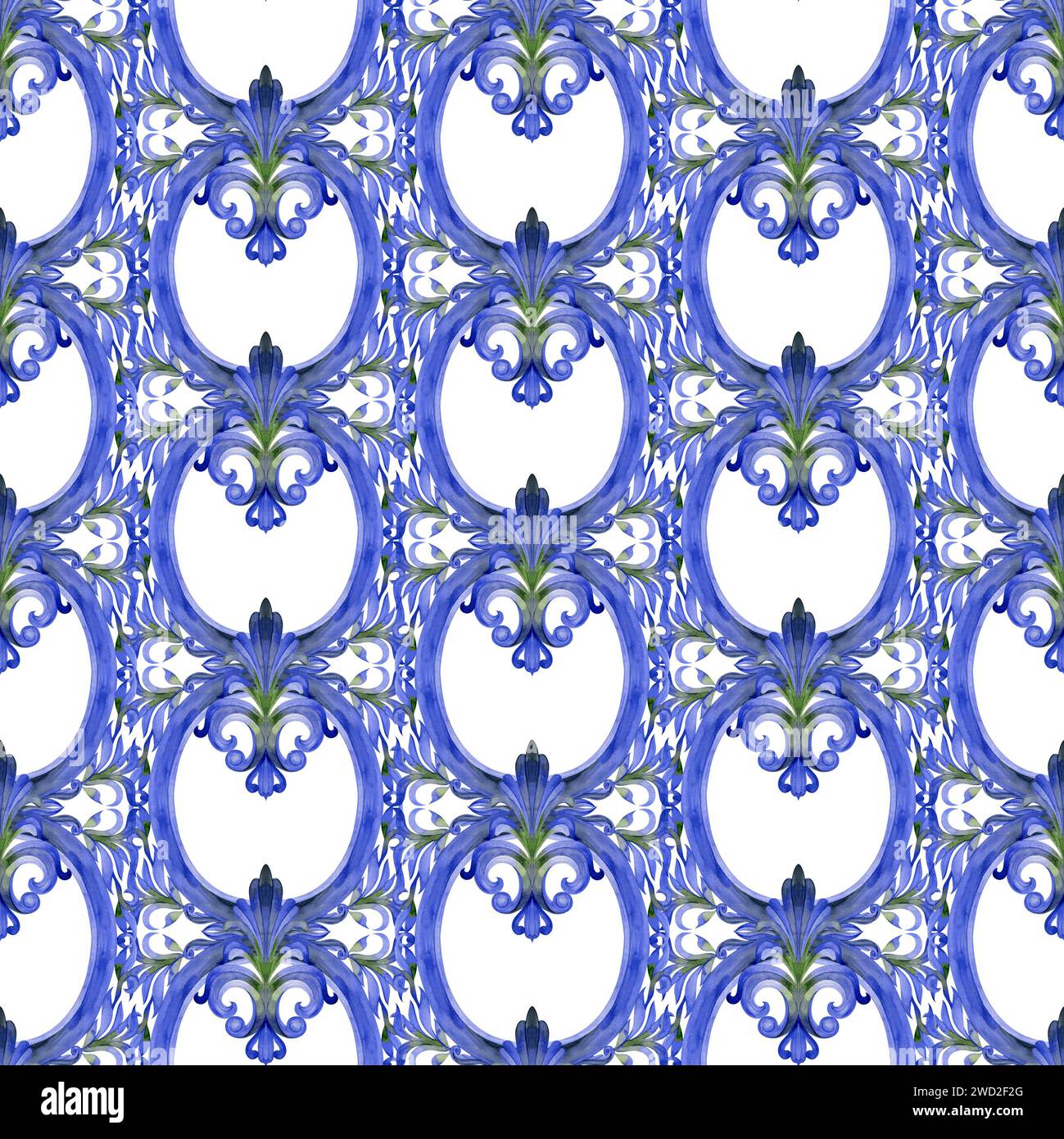 Watercolor blue baroque floral seamless pattern with curl, rococo ...