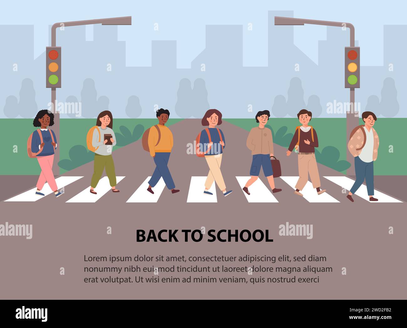 Children crossing street along crosswalk. Kids going back to school ...