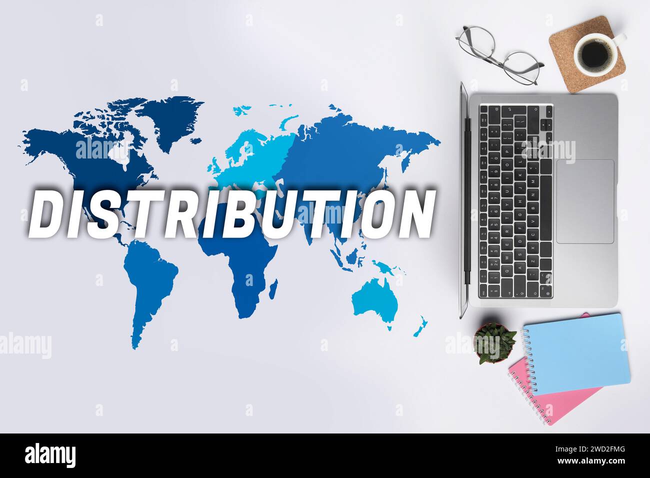 Distribution. Modern laptop, notebooks and coffee on white table, flat ...