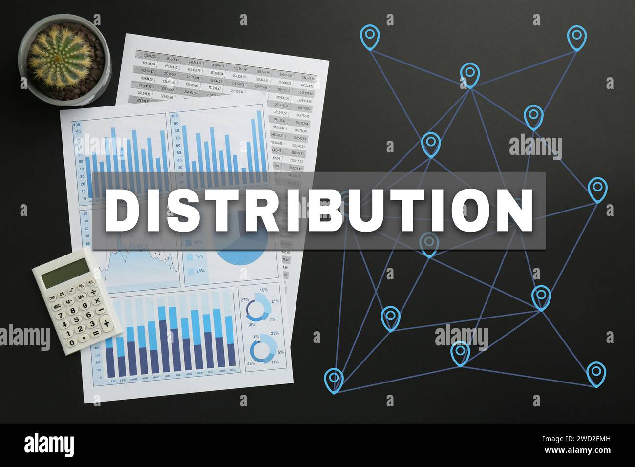 Distribution. Documents, calculator and houseplant on black table, top ...