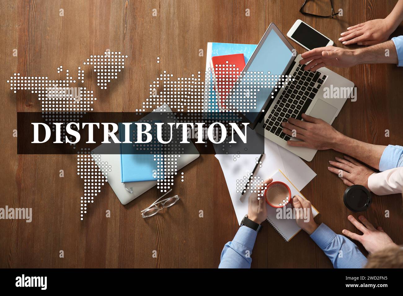Distribution. Business people working at table in office, top view ...