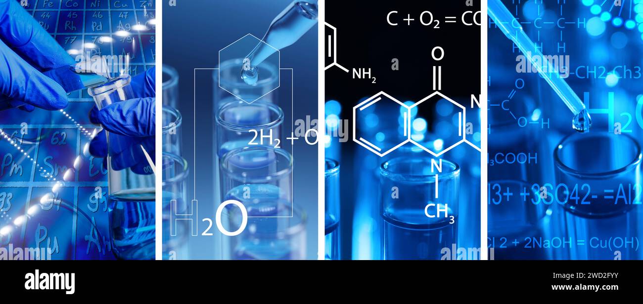 Laboratory glassware with samples, different formulas and workers ...