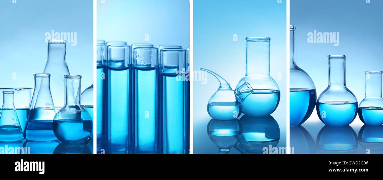 Laboratory glassware. Different flasks and test tubes with samples ...