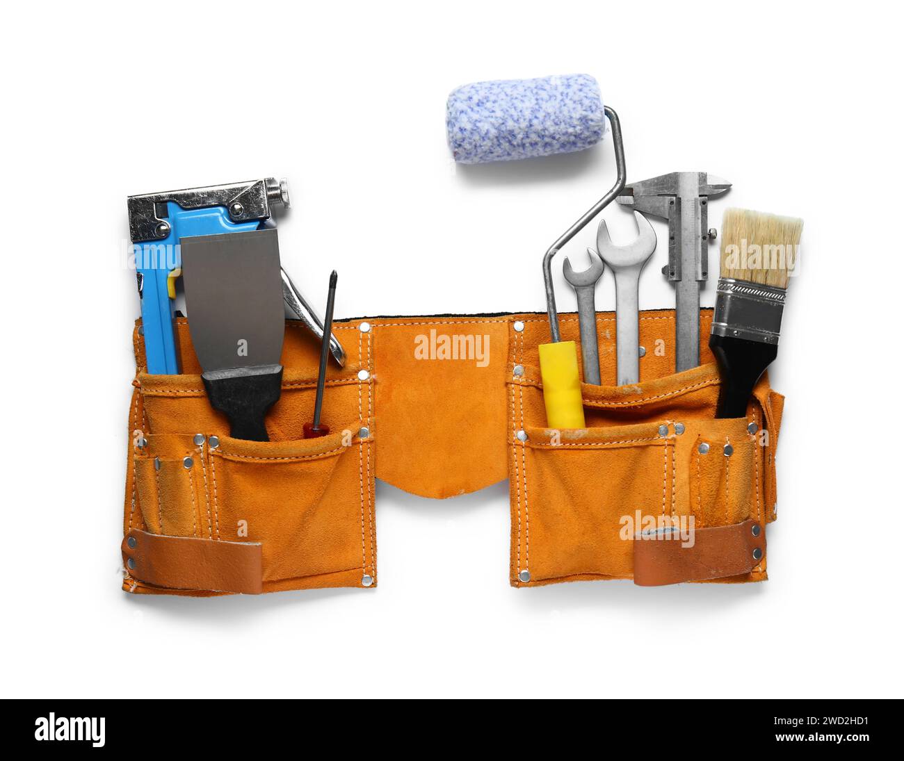 Belt with different construction tools on white background Stock Photo ...