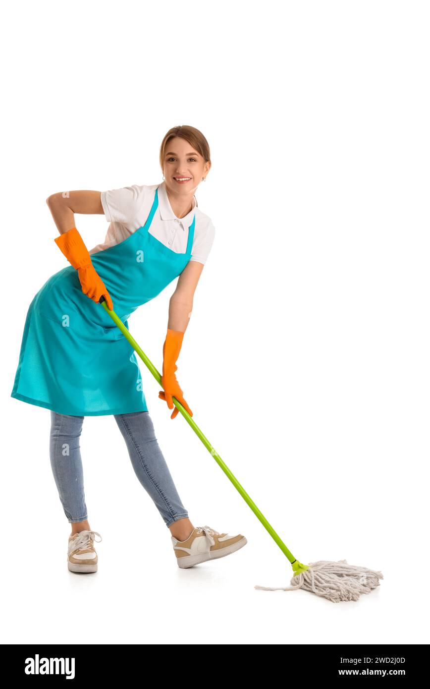 Female janitor mopping floor on white background Stock Photo - Alamy