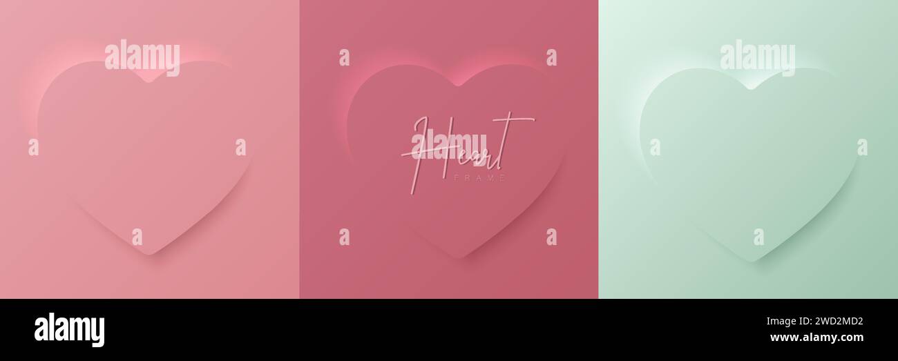 Set of pastel pink and mint green soft 3D heart shape frame design ...