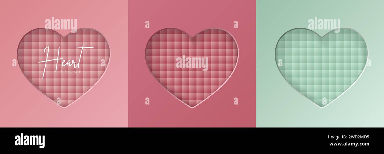 Set of pastel pink and mint green soft 3D heart shape frame design ...