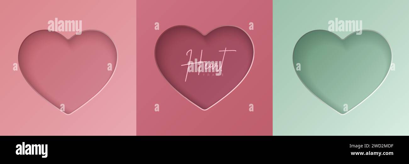 Set of pastel pink and mint green soft 3D heart shape frame design ...