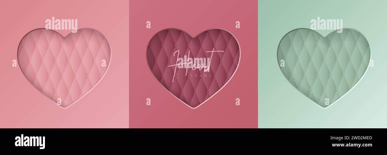 Set of pastel pink and mint green soft 3D heart shape frame design ...