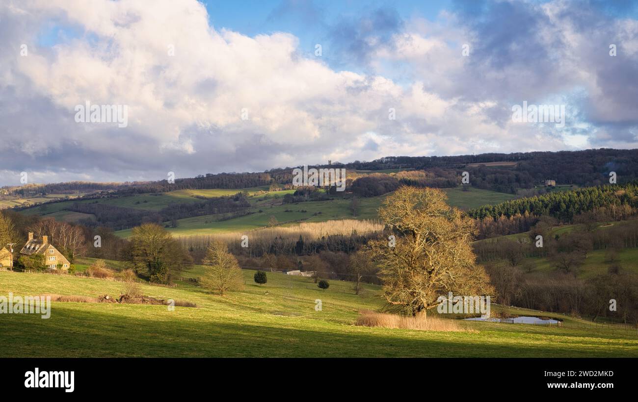 Cotswold countryside, looking across to Middle Hill and Broadway Hill ...