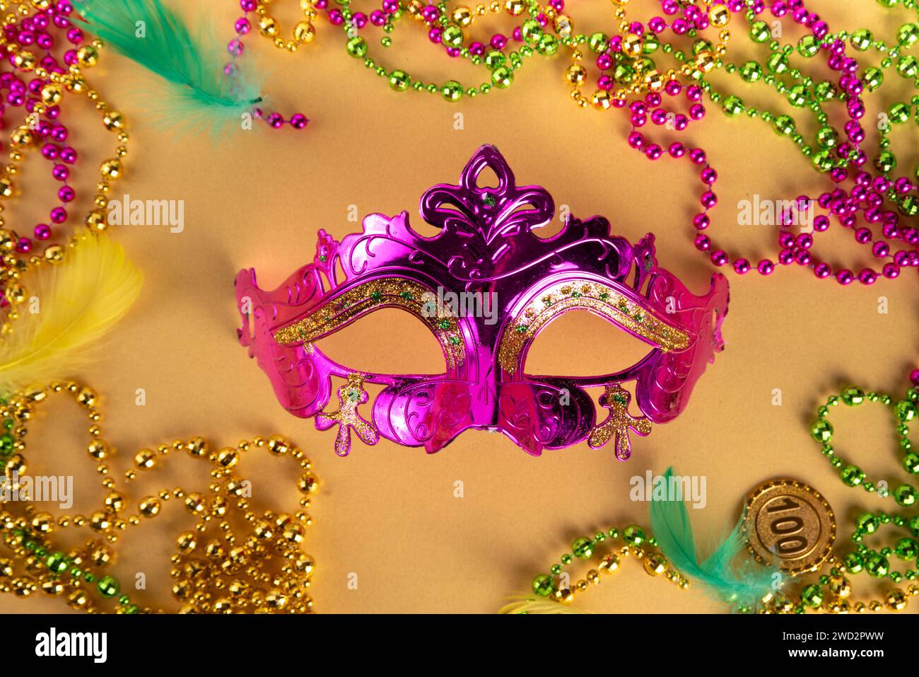 Mardi Gras colorful holiday greeting card background with festival masquerade accessories, decor ...