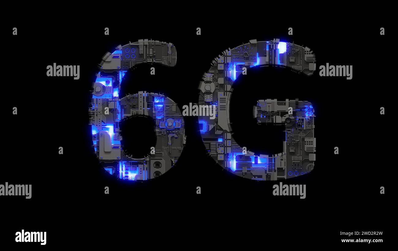 modern cybernetical text 6G shining blue electric light, isolated ...