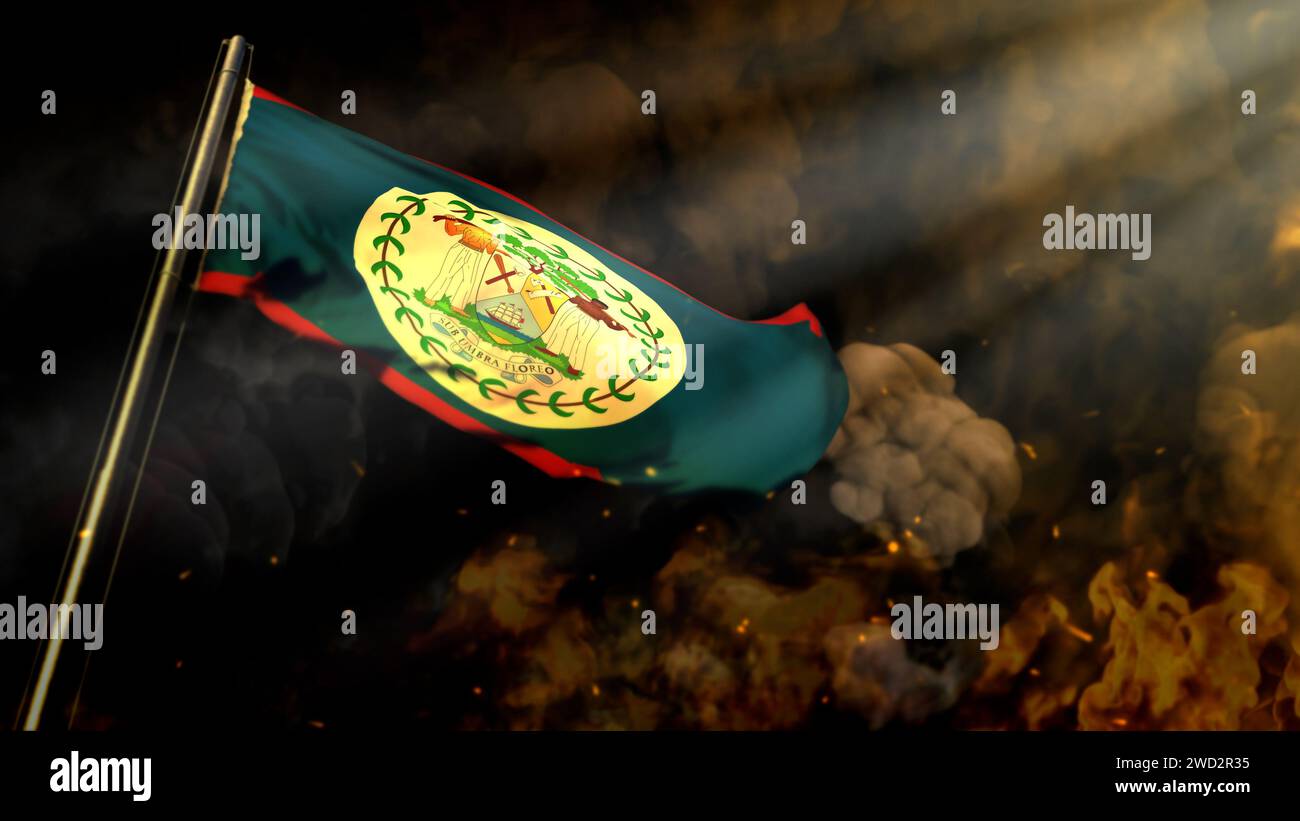 soft focus Belize flag on smoke with sun beams backdrop - disaster ...