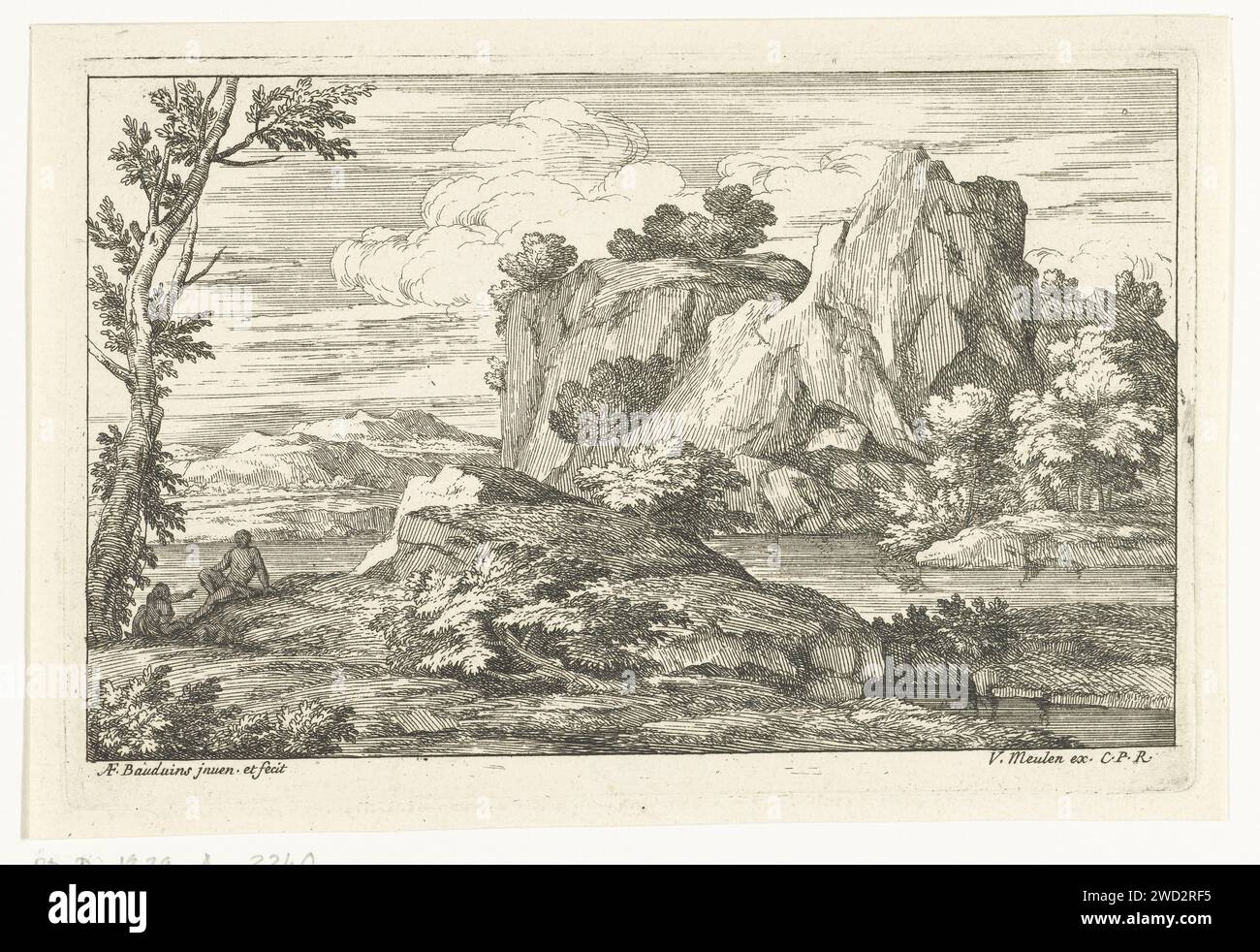 Landscape with large rock by a river, Adriaen Frans Boudewyns, 1666 ...