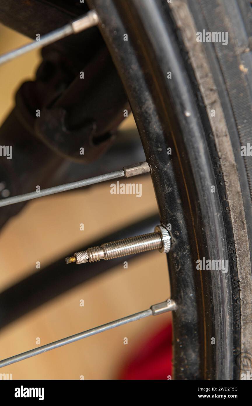 General stock Bicycle repairs. Repairing a puncture. Presta valve bike ...