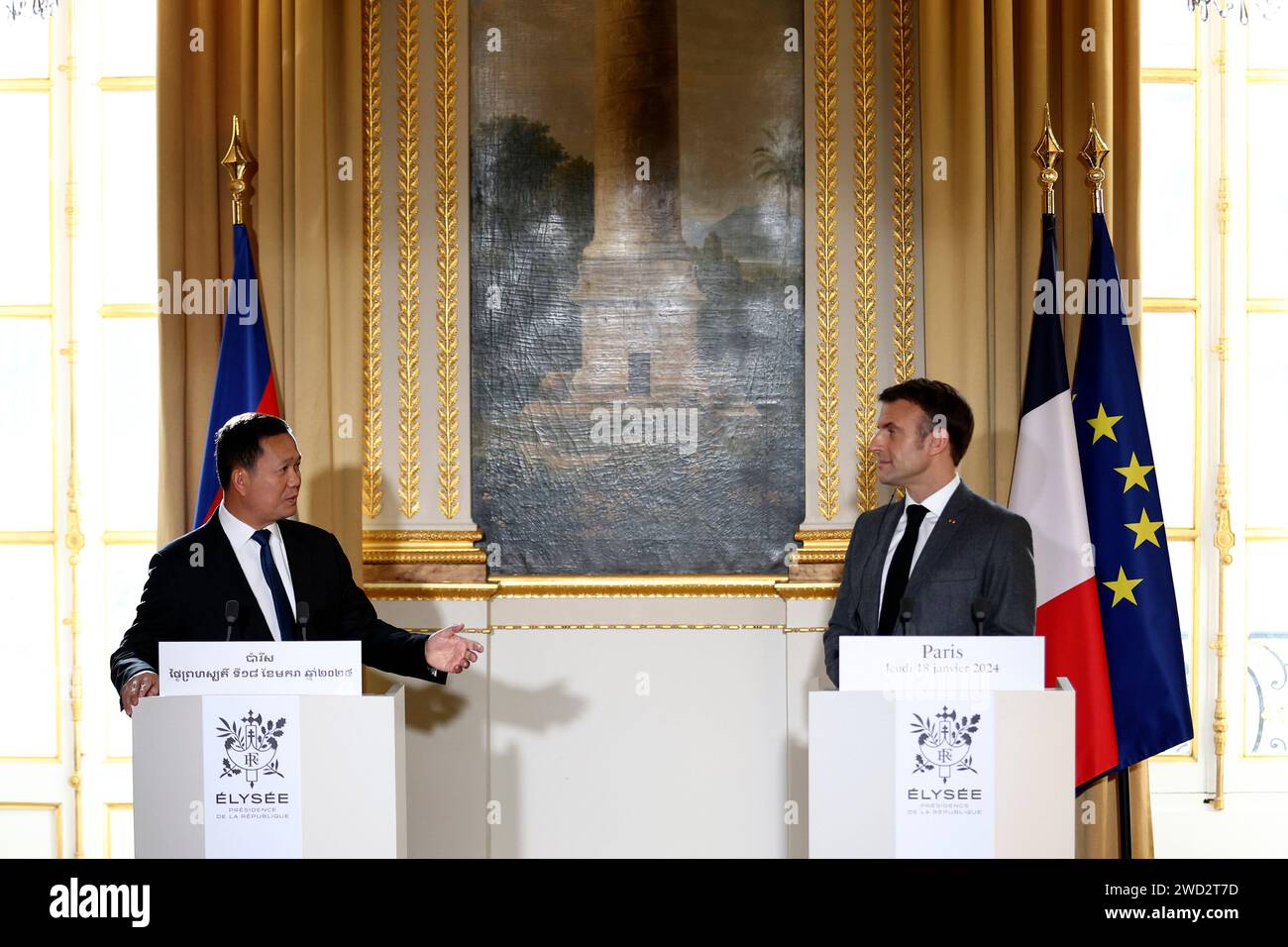 French President Emmanuel Macron and Cambodian Prime Minister Hun Manet ...