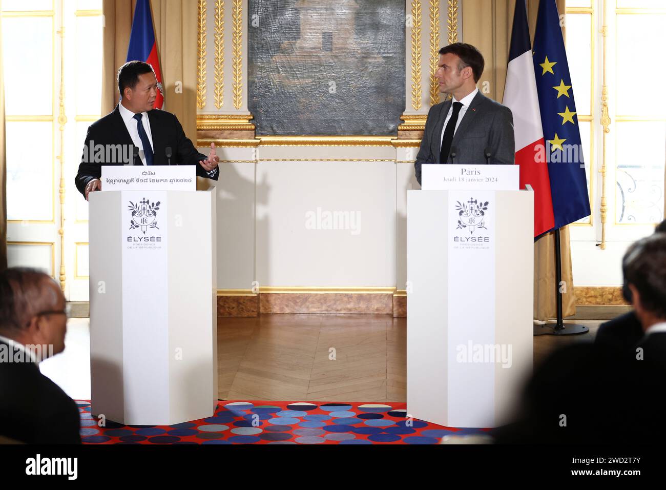 French President Emmanuel Macron and Cambodian Prime Minister Hun Manet ...