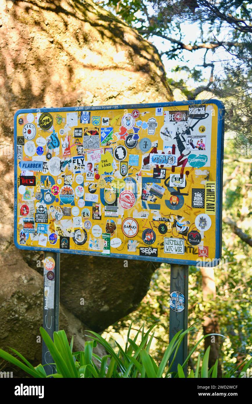 An assortment of stickers plastering The Balcoes sign prior to the ...