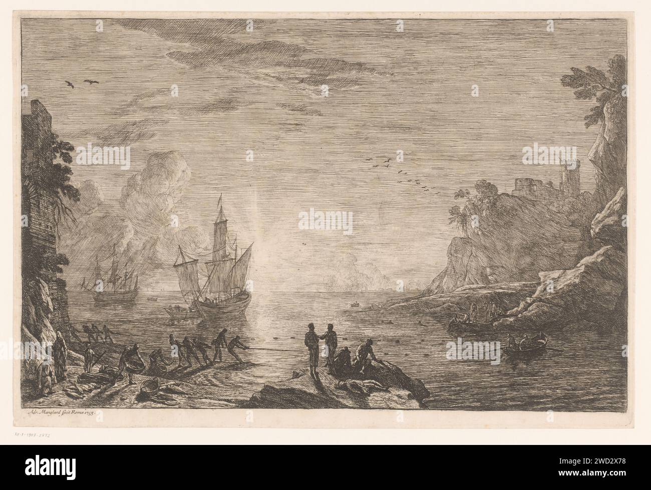 Seascape with sunset, Adrien Manglard, 1753 print Rome paper etching ...