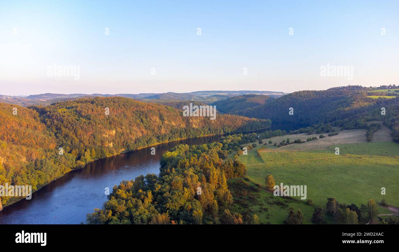 Aerial view of Orlik castle over Orlik reservoir. Beautiful gothic ...