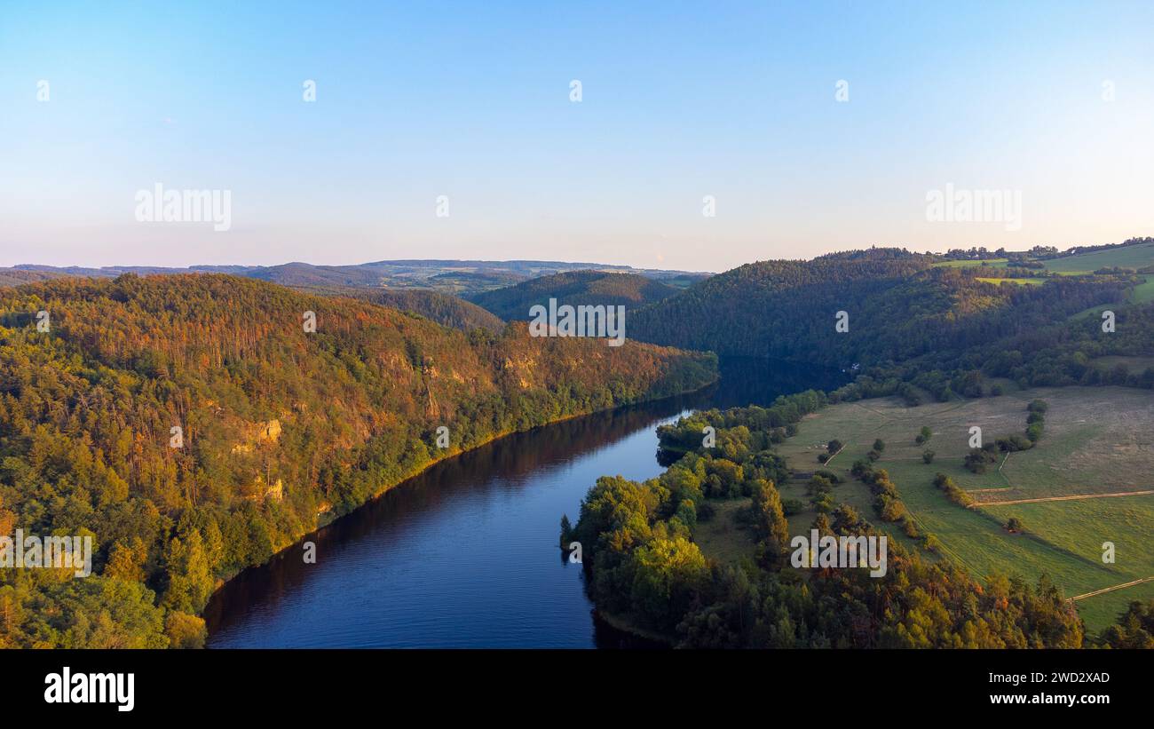 Aerial view of Orlik castle over Orlik reservoir. Beautiful gothic ...