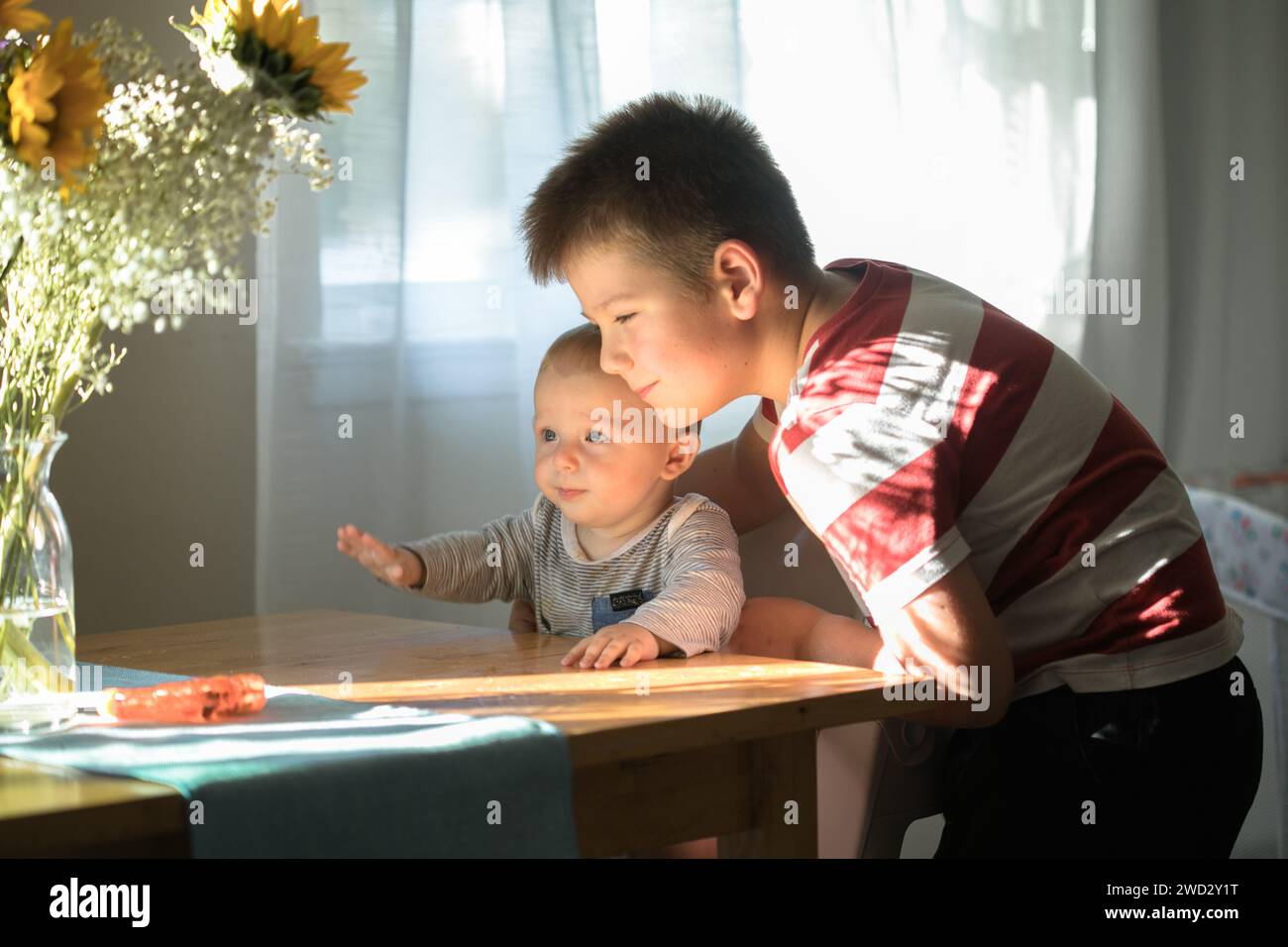 Older brother kissing and hugging his baby boy. Two siblings. Beautiful ...