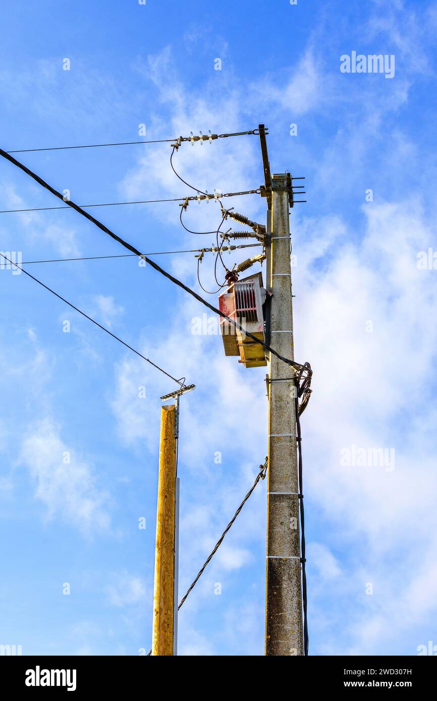 New post with fiber internet wire alongside older concrete high-tension ...