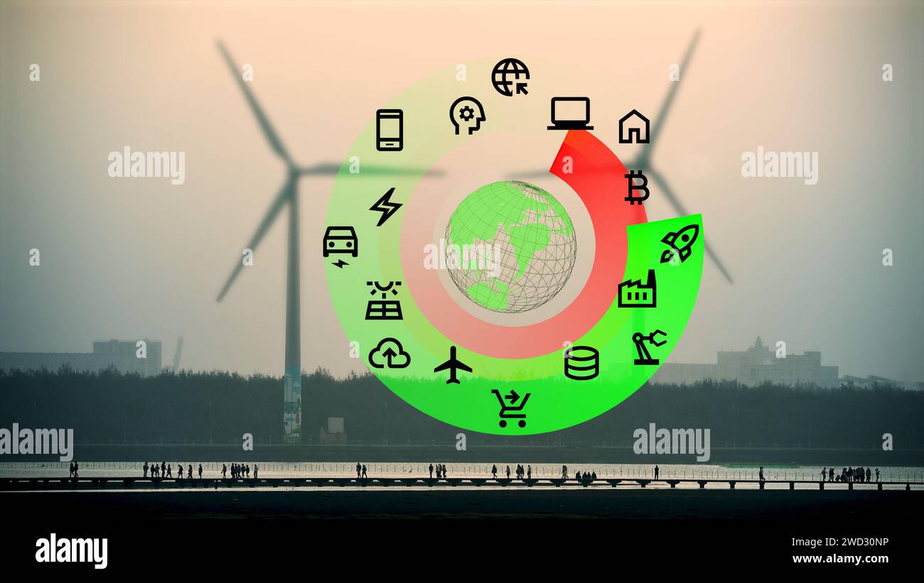 Various icons of human life around green earth. Clean and sustainable ...